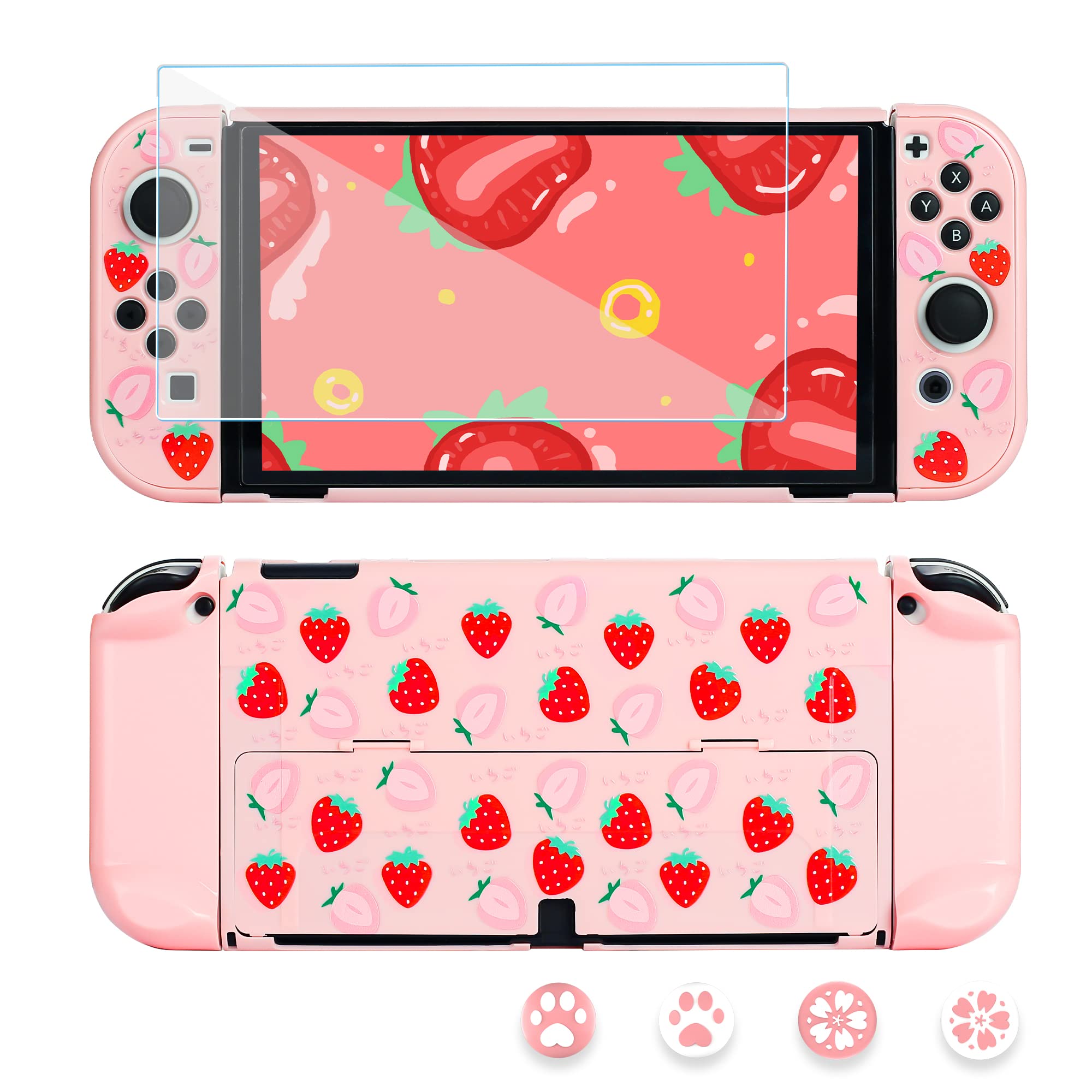 FANPL Pink Protective Case for Nintendo Switch OLED, Cute PC Case Cover Compatible with Switch OLED, Kawaii Skin Accessories for Girls with Thumb Caps and Screen Protector - Pink Strawberry Pattern