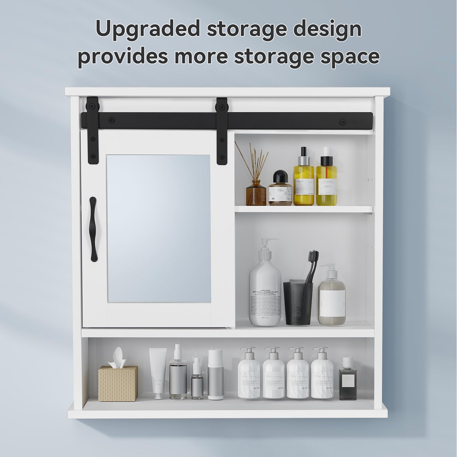 Puluomis Wall Mounted Medicine Cabinet - 5 Tier Rustic Wall Mounted Bathroom Storage Cabinet with Sliding Barn Door and Mirror