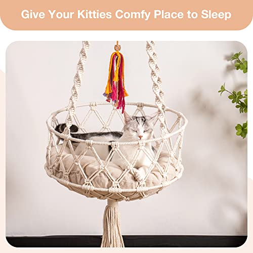 MEWOOFUN Hanging Macrame Cat Hammock Bed, Cat Swing Bed Space Saving Window Perch with Washed Cotton Mat & Funny Cat Toy for Indoor Cats