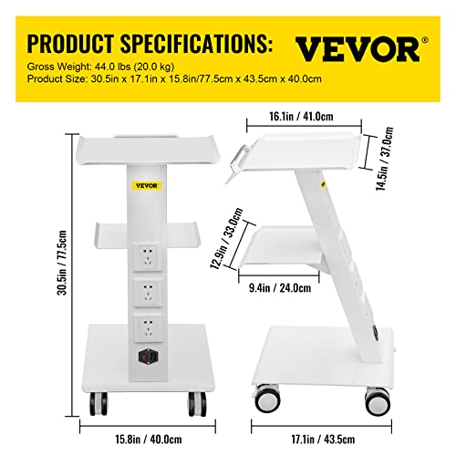 VEVOR Lab Trolley, Rolling Lab Cart w/Built-in Socket, 3 Layers Tray Rolling Clinic Cart, 360° Silent Rolling Wheels w/Foot Brake, 88 lbs Weight Capacity Sturdy Steel Frame, for Lab Clinic Salon