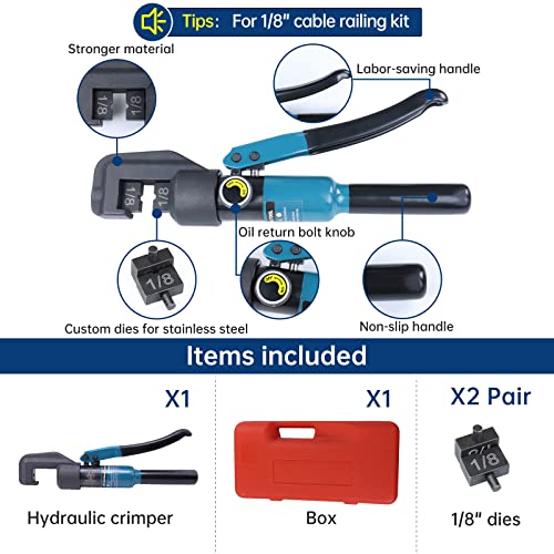 Muzata 45KN Upgraded Custom Hydraulic Hand Crimper Tool for 1/8" Stainless Steel Cable Railing Kit Hardware Wire Rope Swaging Kit with 2Pair 1/8" Dies CR09, CT1