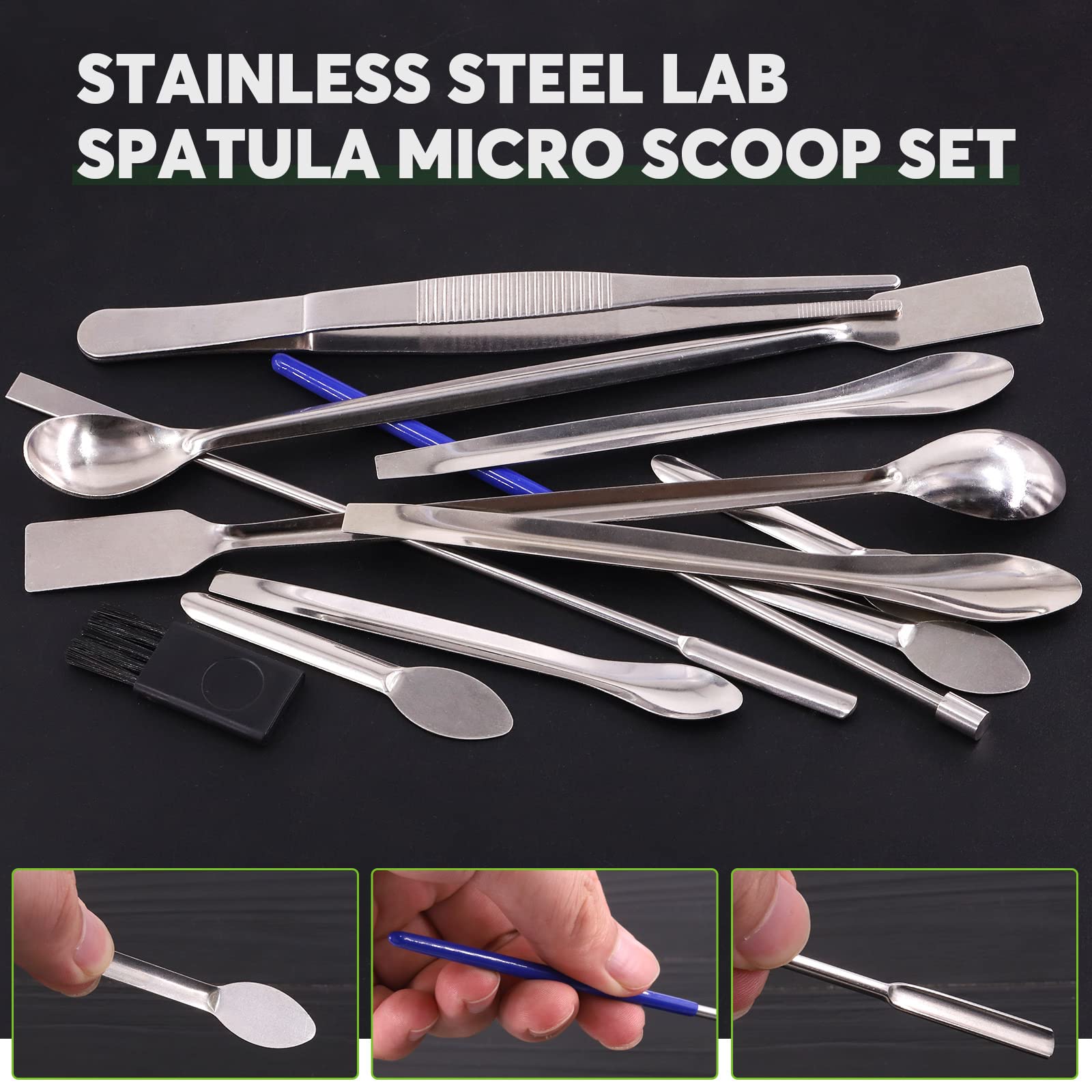 Keadic 13Pcs Micro Lab Spoon Spatulas Assortment Kit Includes U-Shaped Sampling Scoops, Herb Powder Tamper Tool, 2 in 1 Mixing Spatula and Tweezers for Gel Capsules Filler