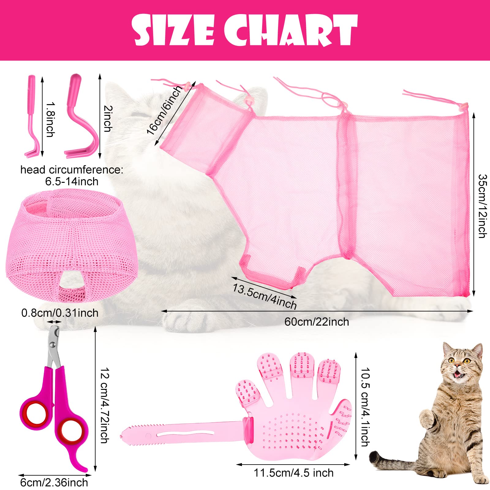 Patelai 5 Pcs Cat Bathing Bag Set Cat Grooming Bag Adjustable Pet Shower Net Bag Muzzles Nail Clipper Tick Remover Tool Massage Brush (Pink)