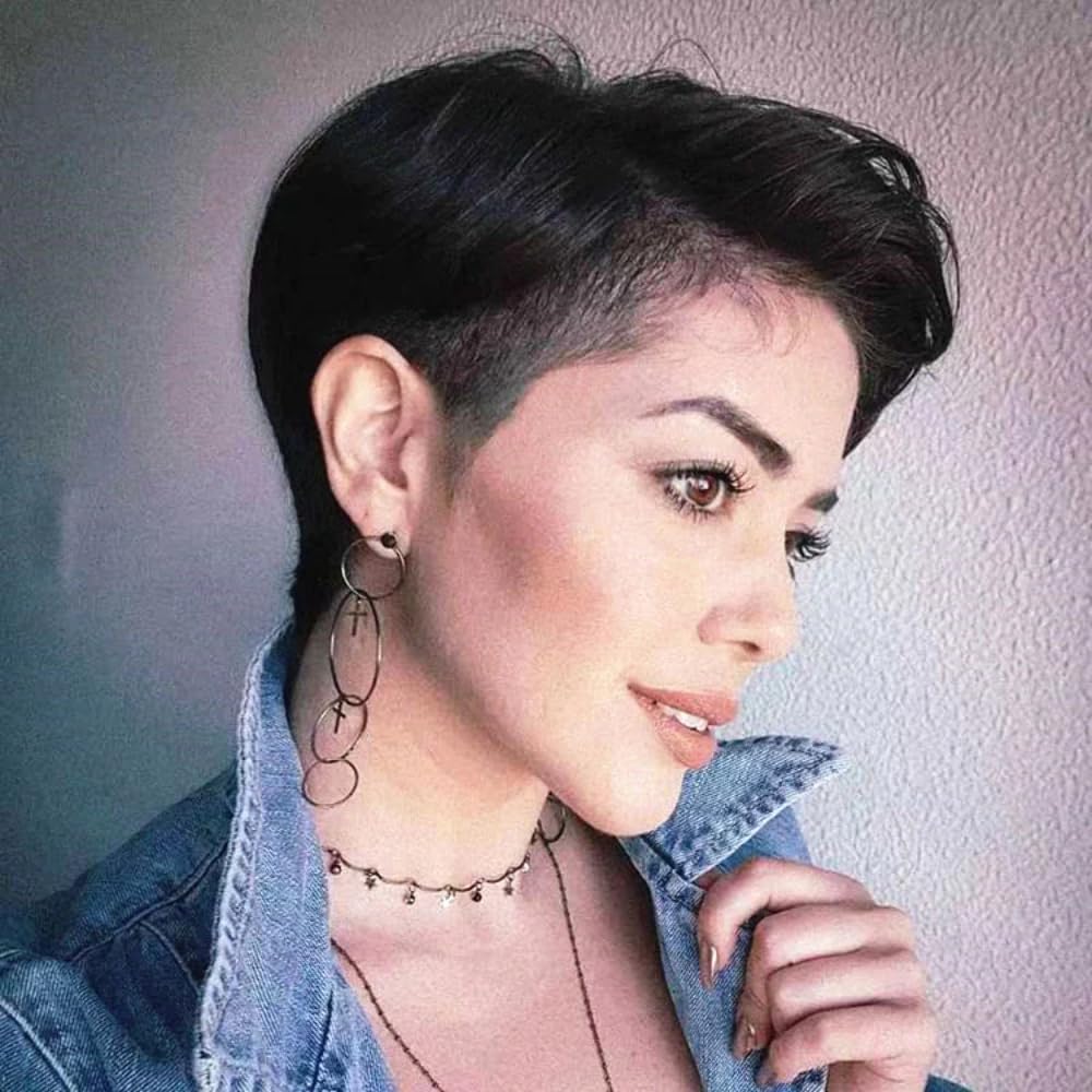 Pixie Cut Wigs Natural Black Color European Human Hair With Glueless Transparent Lace Front Wig color 1 8 Inches