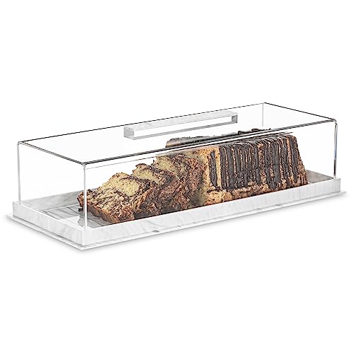 Gold Valley Rectangular Cake Tray, Cake Plate Dish with Lucite Display Cover Lid, Dessert Holder Tray, Cake Stand, White Marbleized Grain Rectangle Cake Platter with Lucite Cover, Pastry Base