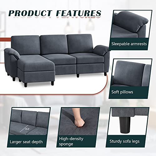 Vongrasig 79" Convertible Sectional Sofa Couch, 3 Seat L Shaped Sofa with Removable Pillows Linen Fabric Small Couch Mid Century for Living Room, Apartment and Office (Gray)
