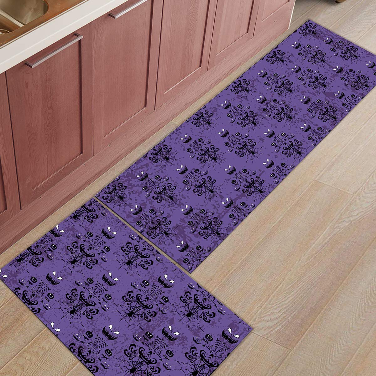Kitchen Rugs and Mats Sets of 2 Halloween Non-Slip Rubber Backing Area Rugs Washable Runner Carpets for Floor, Kitchen Ghost Face Purple Pattern Pumpkin Spider 15.7x23.6+15.7x47.2inch
