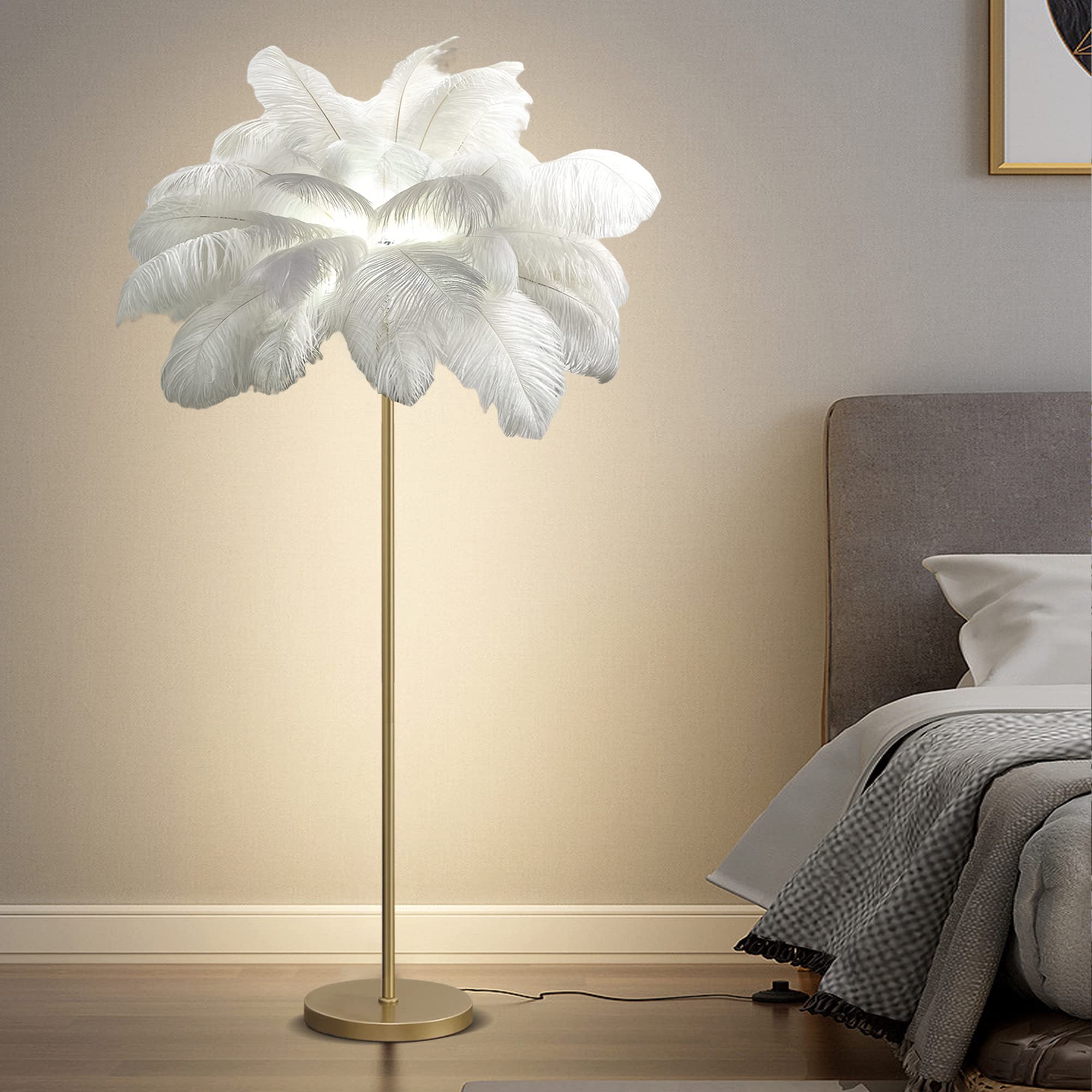 HDXZTQ Floor Lamp, Standing Lamp Tall Feather Floor Lamps 62.9in White Floor Lamps for Living Room Foot Switch / 6*G4 Feather Lamp