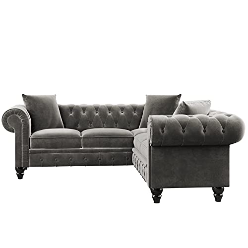 SIYAHOME Sofas & Couches 80 x 80 x 28β Deep Button Tufted Velvet Upholstered Rolled Arm Classic Chesterfield L Shaped Sectional Sofa 3 Pillows Included, Grey, 808028