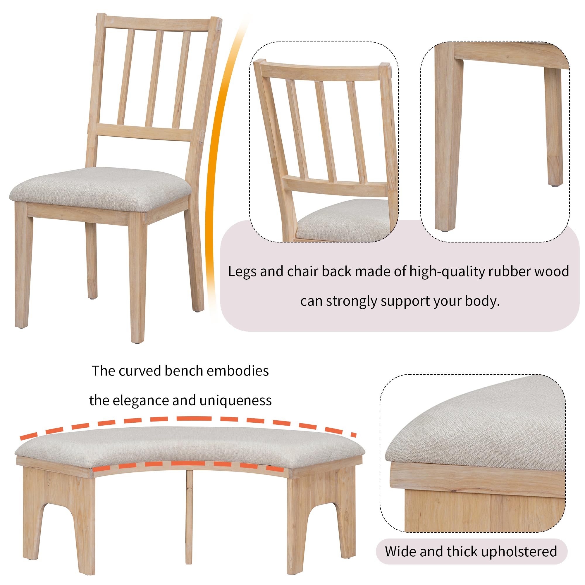 FIQHOME Kitchen Room Retro 5-Piece Set, 44' Round Dining Table with Curved Bench & 3 Upholstered Chairs and Special-Shaped Legs, 4-5 People,Natural Wood Wash