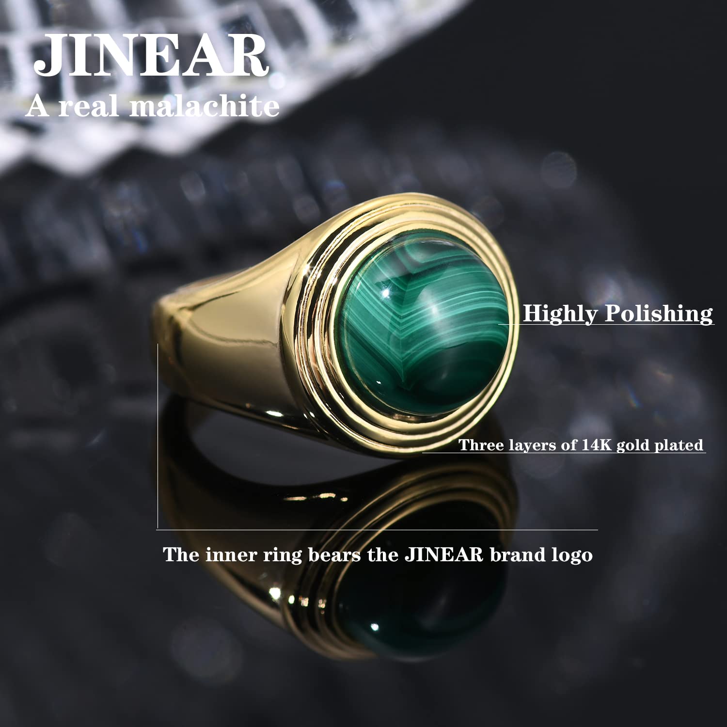 JINEAR 14K Gold Plated Round Malachite Band Ring for Women and Men Green Gemstone Stackable Bulky Thumb Statement Ring