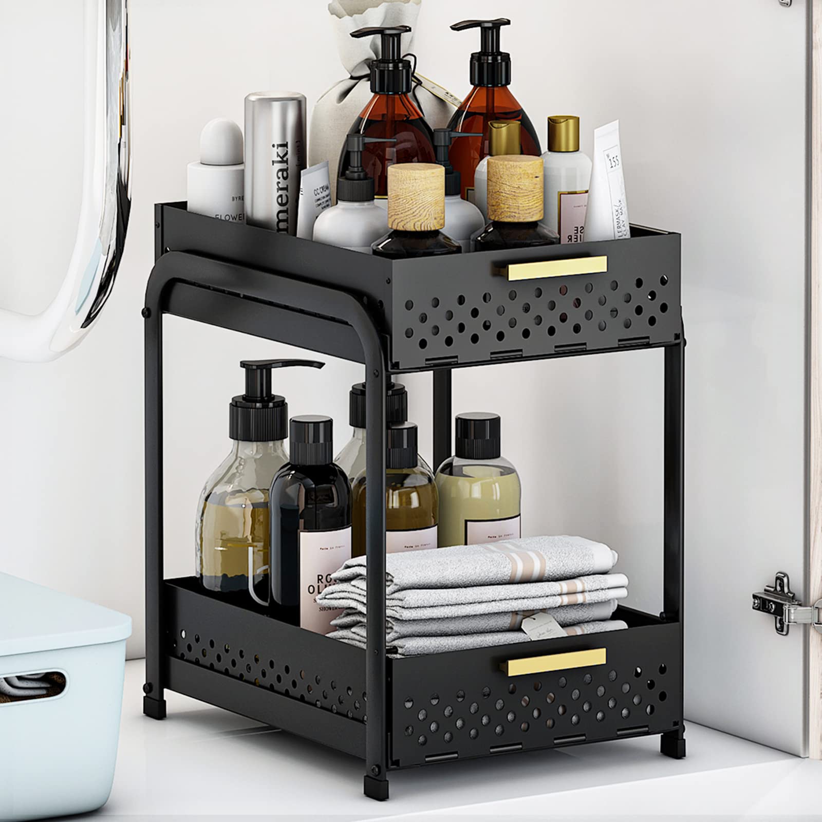 GILLAS 2 Pack 2 Tier Under Sink Organizer and Storage, Farmhouse Under Counter Storage for Kitchen, Under Cabinet Organizer for Bathroom, Sliding Basket Organizer, Black