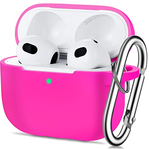 MHYALUDO AirPods 3 Case Cover, Soft Silicone Protective Case Skin for Airpods 3rd Generation 2021 Charging Case with Keychain，Front LED Visible-Rose Pink