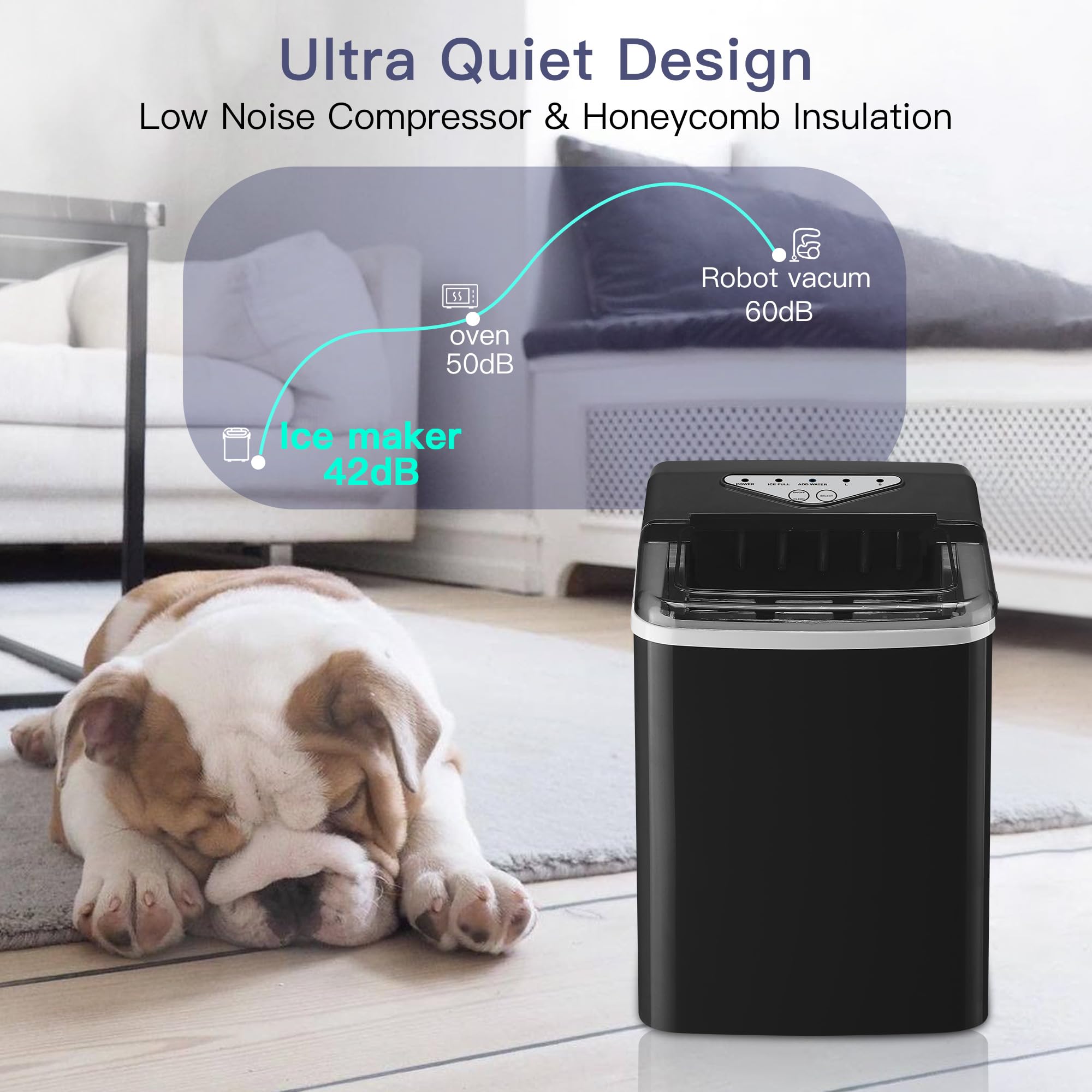 rosmena Countertop Ice Maker, 30lbs/24H Small Ice Machine with Self-Cleaning, Portabe Bullet Ice Maker, 9 Cubes in 6 Mins, 2 Size Option, with Ice Basket/Scoop for Home/Kitchen/Bar/RV (Black)