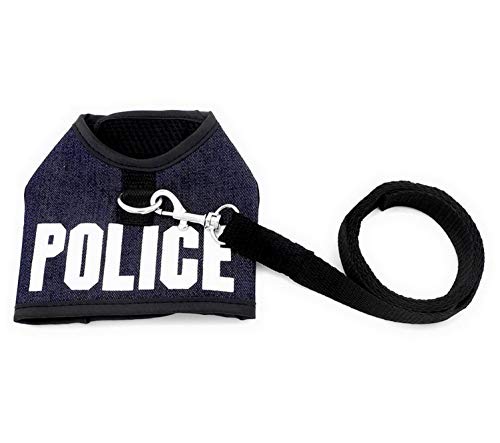 SMALLLEE_LUCKY_STORE Police Print Soft Mesh Denim Cat Harness and Leash Set for Walking Escape Proof Adjustable No Pull Choke Boy Small Puppies Kitten Rabbit Dog Harness Vest, Dark Blue L