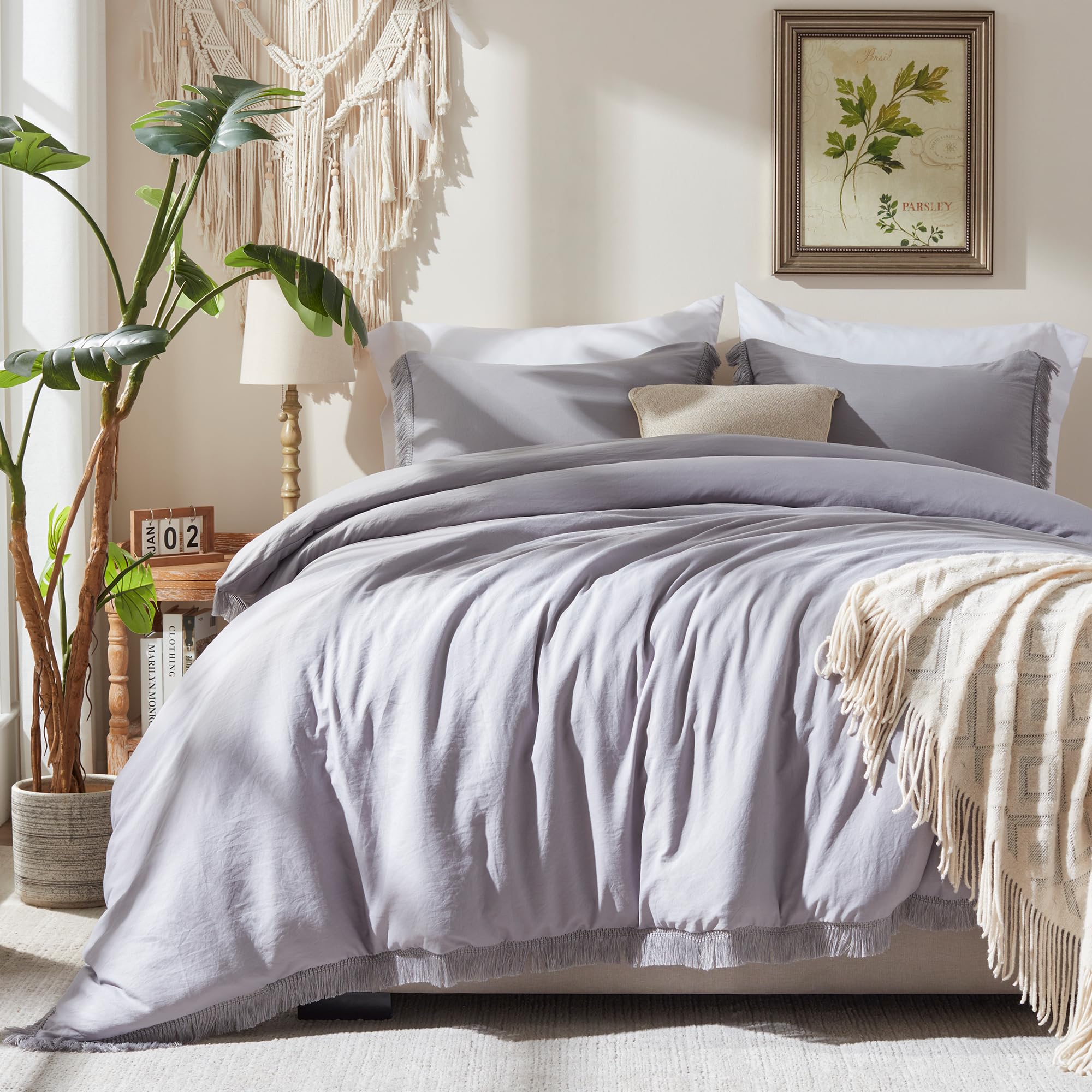 SunStyle Home Gray Duvet Cover Twin Size,2pcs Washed Microfiber Bedding Set,Soft Breathable Tassel Duvet Cover Set with Zipper Closure and Corner Ties for All Seasons (No Comforter)