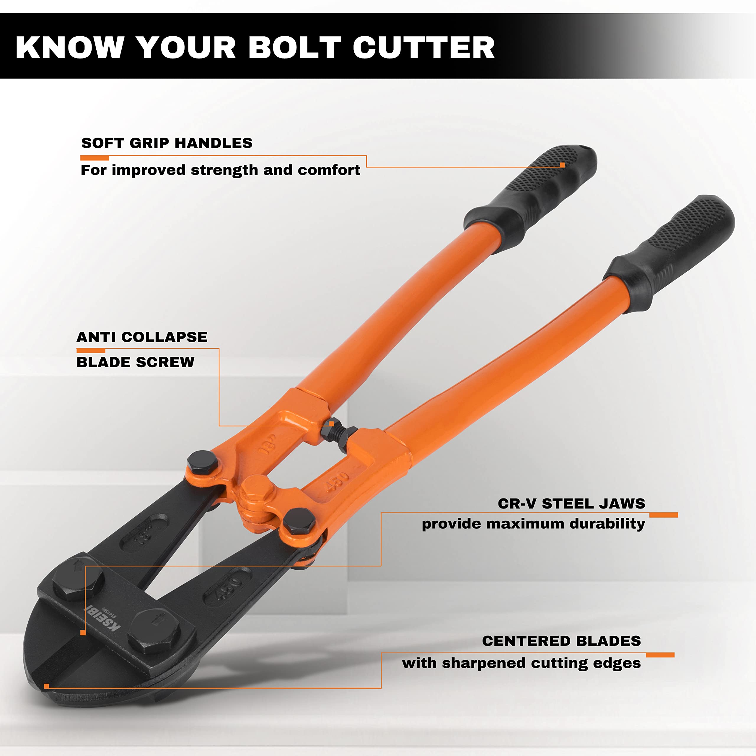 KSEIBI 141585 Heavy-Duty Medium Size Bolt Cutter 24" for Cutting Fence, Steel Wire, Chain, Screws, Rivet, and Medium Padlock, with Soft Grip Rubber Ergonomic Handle Cutters