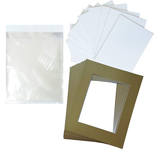 Studio 500 Pack of 10 Gold Pre-Cut Photo Mats 8x10 inches for 5x7 Picture Comes with Matts w/White Core Bevel Cut; Matte Set + Backing Board + Clear Plastic Bags (Pack of 10 Gold 8x10 Complete Set)