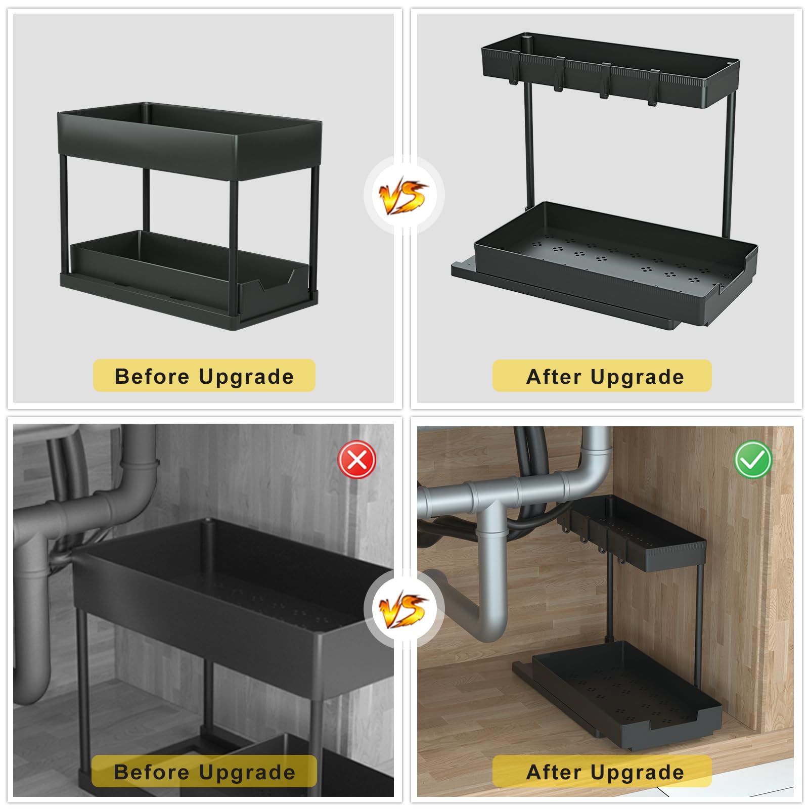 JUJEKWK Under Sink Organizers and Storage 2 pack, 2-Tier bathroom organizer, Kitchen Organizer, L Shaped cabinet organizer (Black)