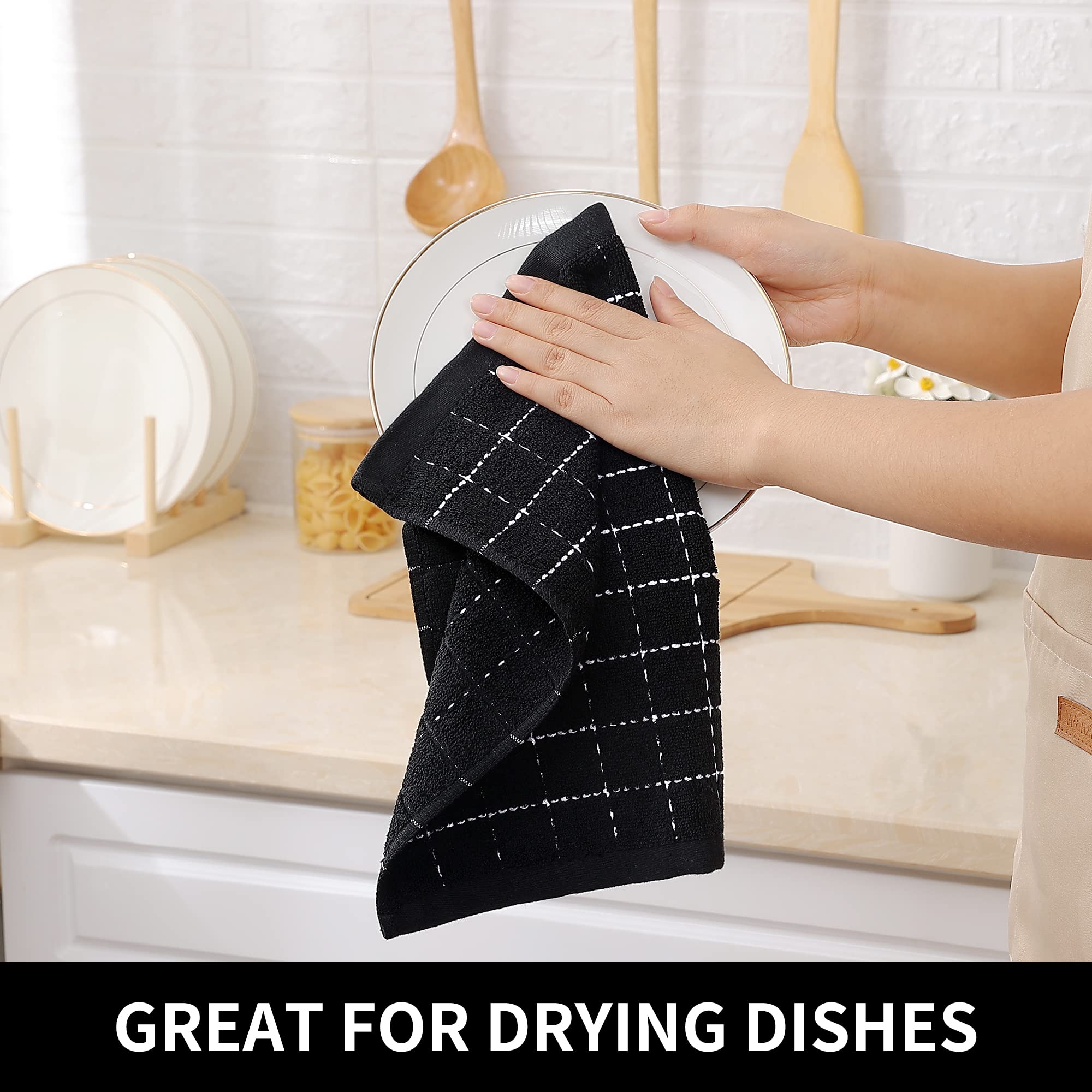 Homaxy Kitchen Towels and Dishcloths Set, 12 x 12 and 13 x 28 Inches, Set of 10 Bulk Cotton Terry Kitchen Towels Set, Checkered Designed, Soft and Super Absorbent Dish Towels, Black