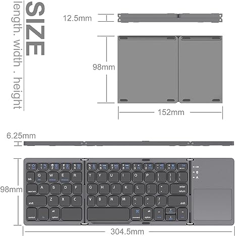 Gimibox Foldable Bluetooth Keyboard, Pocket Size Portable Mini BT Wireless Keyboard with Touchpad for Android, Windows, PC, Tablet, with Rechargeable Li-ion Battery-Dark Gray