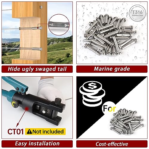 Muzata 20Pack 1/8" Stemball Swage Dead End Invisible Cable Railing Kit Terminal for Wood Stair Deck Hardware End Fitting T316 Stainless Steel CR24, CV1 CV2