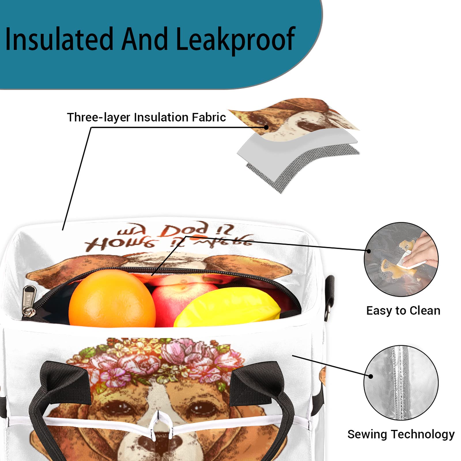 Insulated Lunch Bag for Women, Beagle Dog Home Leakproof Lunch Tote Bag Reusable Large Lunch Box Thermal Cooler Lunch Bags with Shoulder Strap, Side Pockets, Water Bottle Holder