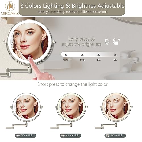 MIROAMZ Rechargeable Wall Mounted Lighted Makeup Vanity Mirror 8 Inch Double Sided 1X 10X Magnifying Bathroom Mirror, 3 Color Lighting, Touch Screen Dimming, 360 Rotation Shaving Mirror Brushed Nickel