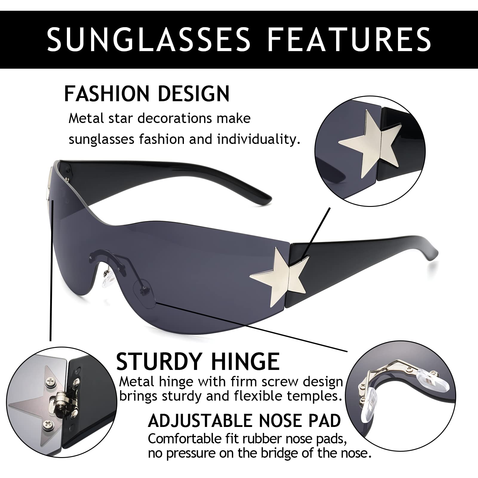 IOHLNG Y2K Sunglasses Rimless Wrap Around Oversized Sun Glasses Trendy Shield for Women Men UV Protection Fashion Black Frame Grey Lens