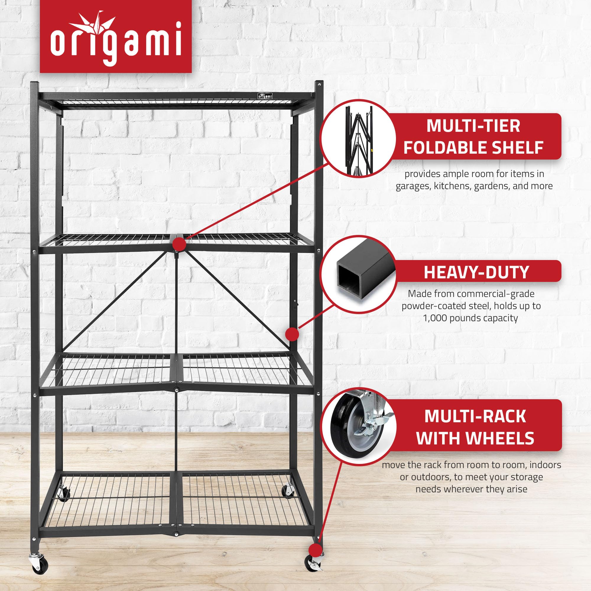 Origami R5 4 Tier Foldable Heavy Duty Metal Storage Rack with Wheels Holds Up to 1,000 Pounds for Kitchen, Garage, or Garden Storage, Black, Renewed