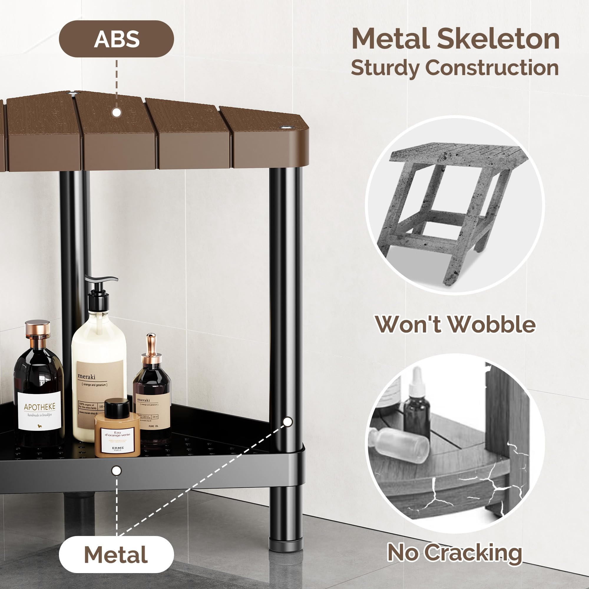 Orimade Corner Shower Bench Inside Shower Stool for Shaving Legs with Storage Shelf, Waterproof Shower Foot Rest Chair, Rustproof Metal & Plastic Shower Seat Organizer for Bathroom(Bronze)