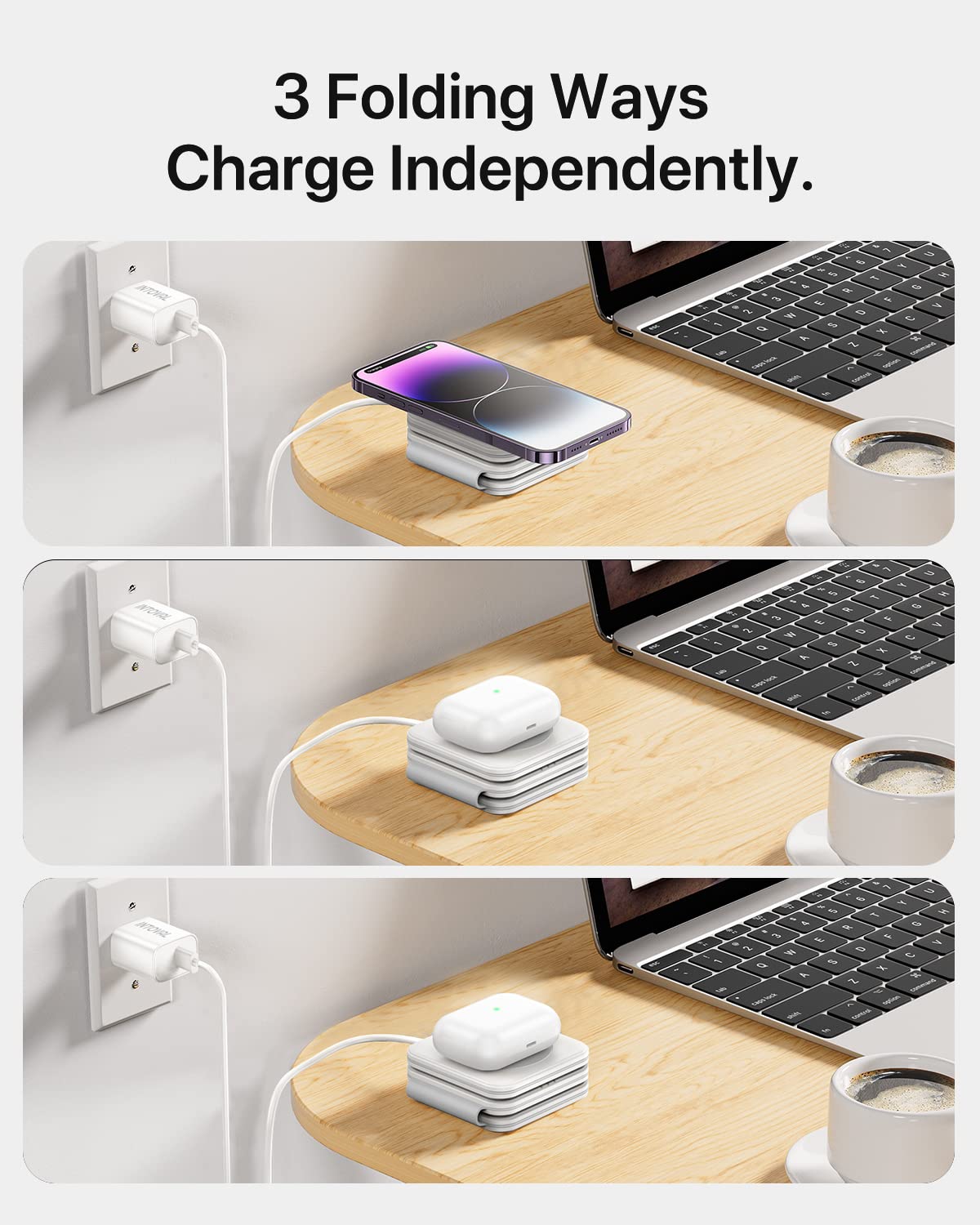 Intoval Foldable Wireless Charger, Magnetic 3 in 1 Charging Station, Fast Wireless Charging for Travel, for iPhone 15/Pro/Max/14/Pro/Max/Plus, Apple Watches, AirPods 3/Pro 2(M3,White)