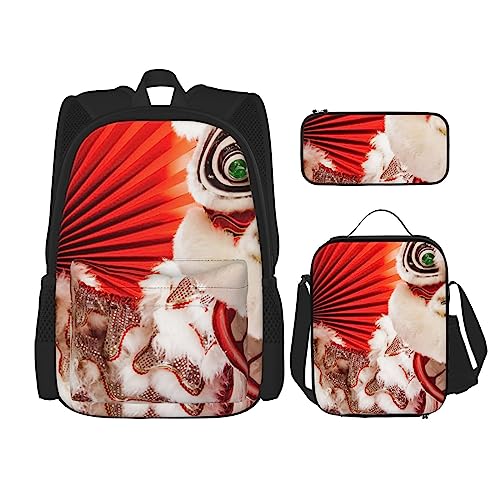 Spring Festival Lion Dance 3 Piece Backpacks Set Cute Adjustable Shoulder Strap Daypack Combination Bag