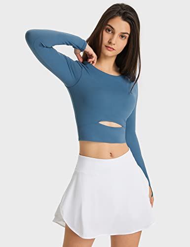 KTILG Workout Crop Tops Womens Long Sleeve Athletic Gym Compression Yoga Seamless Padded Shirt with Thumb Holes