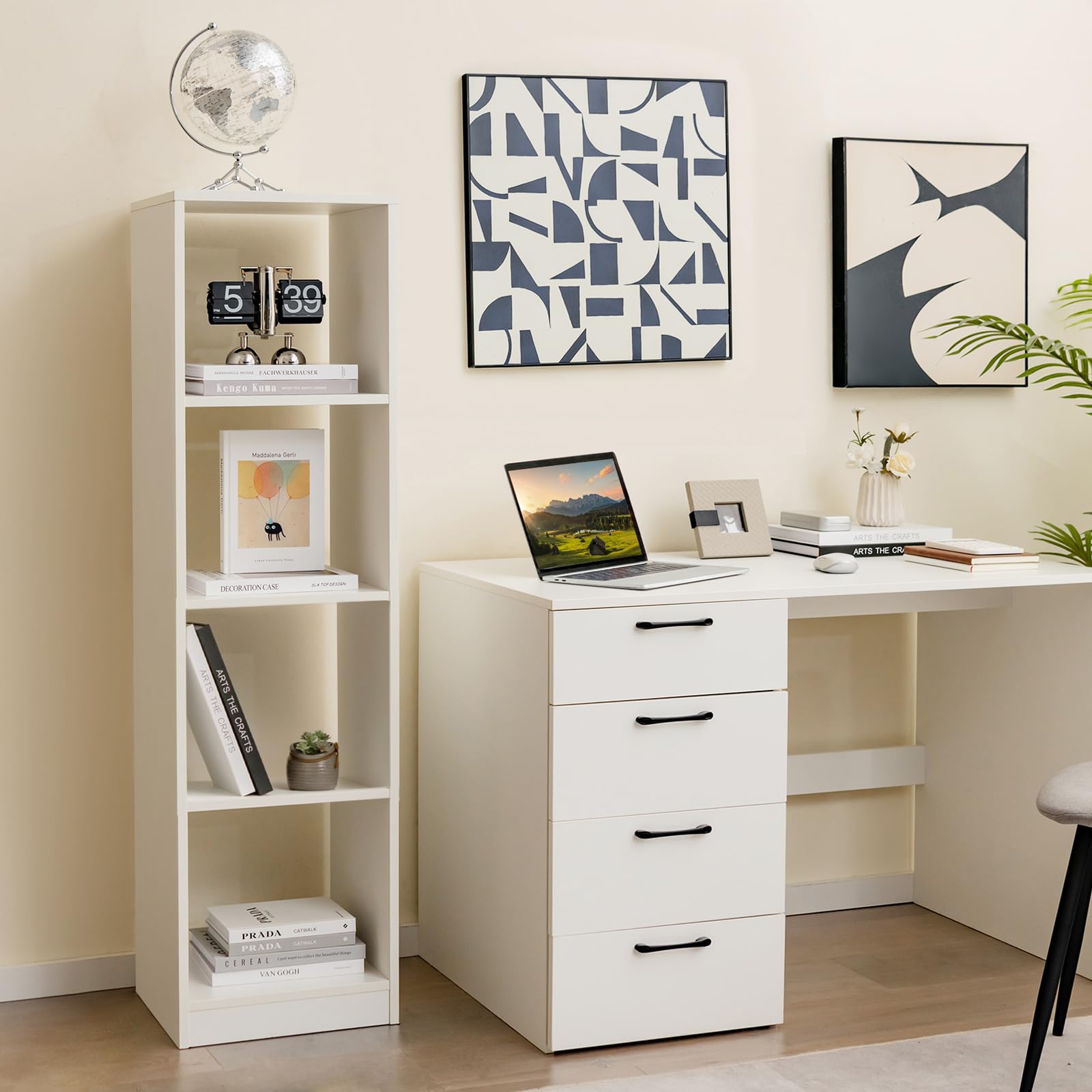 SILKYDRY 56ā Tall White Bookshelf, 4 Cube Vertical Storage Organizer with Anti-Tip Kits, Freestanding 5-Tier Narrow Open Shelf Bookcase for Small Space, Bedroom, Study, Home Office (1)