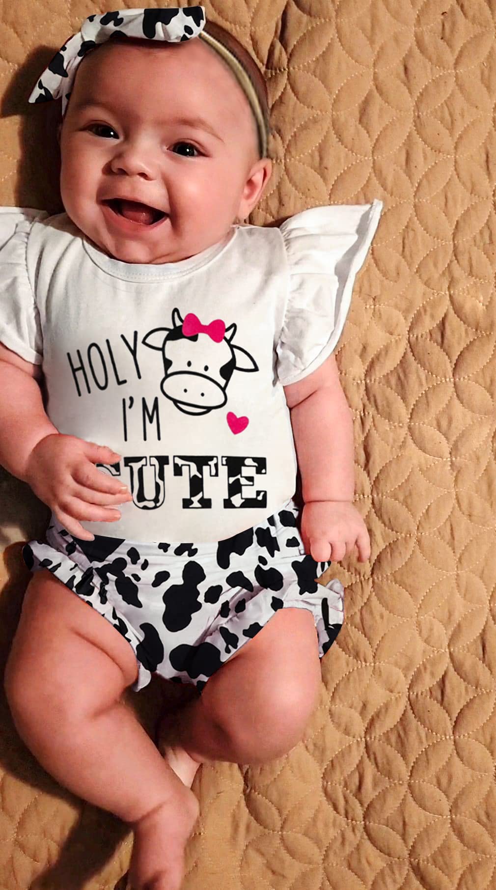 Viworld Newborn Baby Girls Clothes Ruffles Sleeve Romper Cows Printed Bottoms Diaper Shorts with Headband 3Pcs Outfits(White Cows,0-3M)