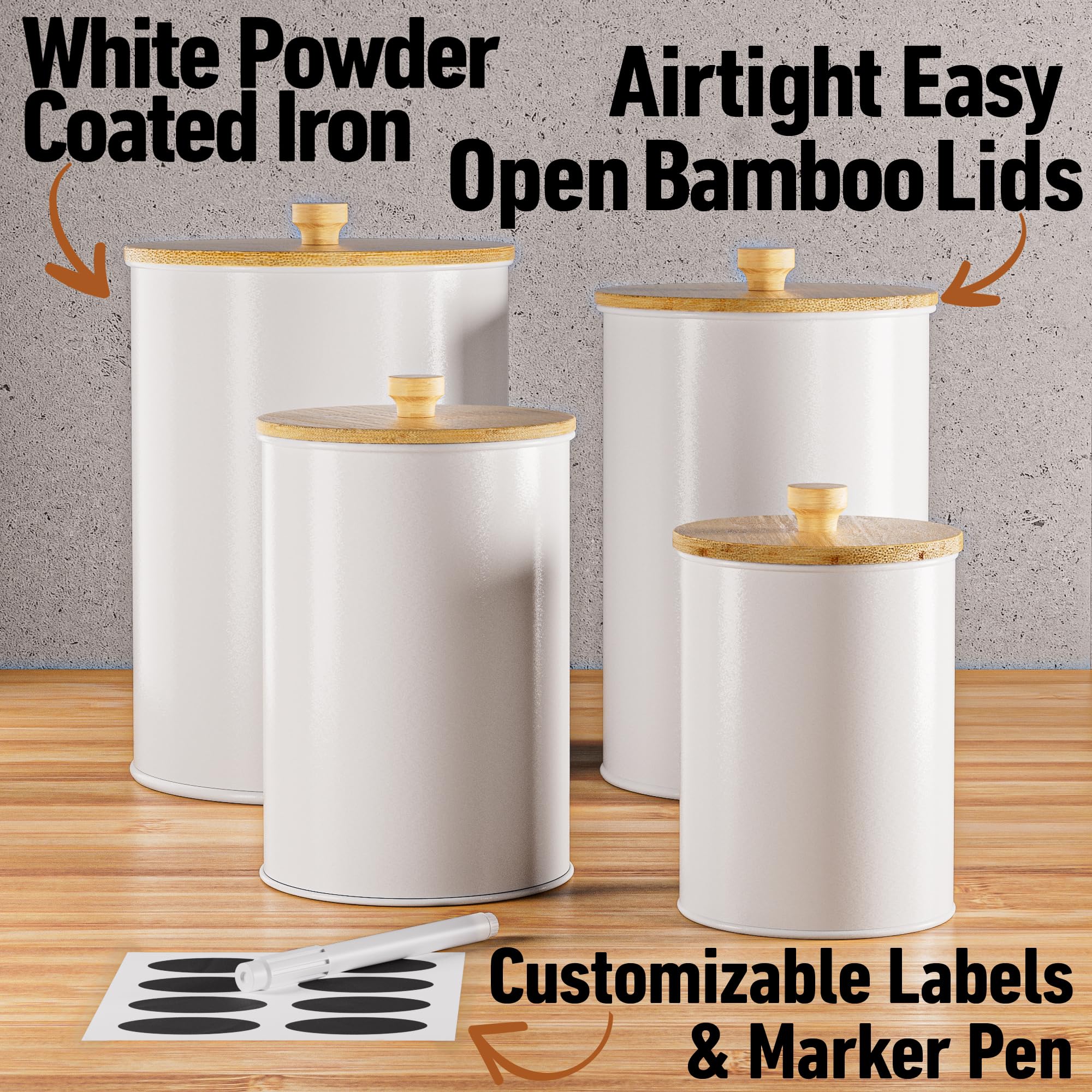 Kitchen Canisters for Countertop Set of 4 with Customizable Chalkboard Labels & Marker Pen - Big Iron Kitchen Canisters with Airtight Lids - Canisters Sets for the Kitchen - White Kitchen Canister Set