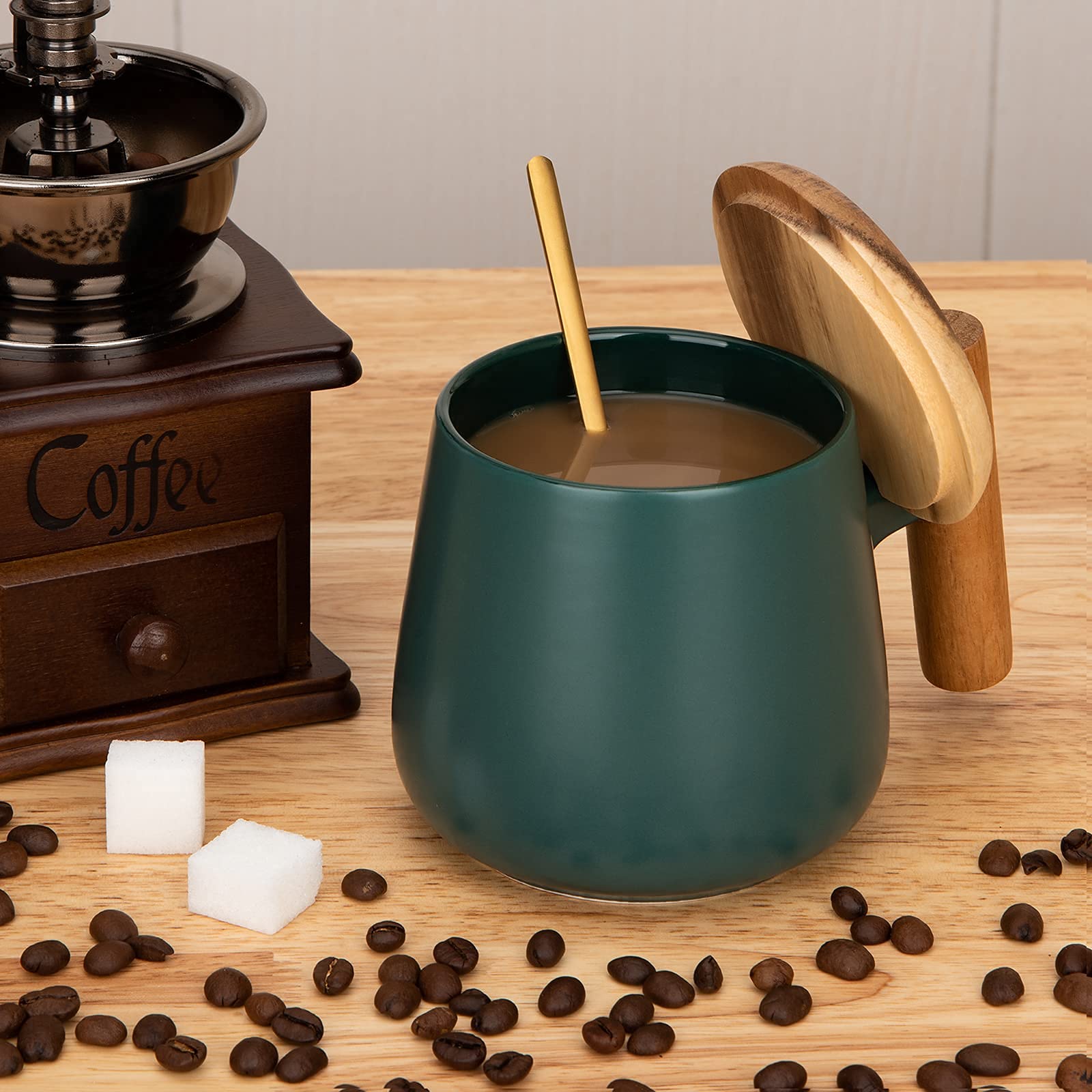 GOOD ALWAYS Ceramic Coffee Mug, Tea Cup for Office and Home, 14 Oz Coffee Cup with Lid and Spoon, Valentines Day, Birthday Gifts, House Warming Presents for New Home, 1 Pack (Dark Green)