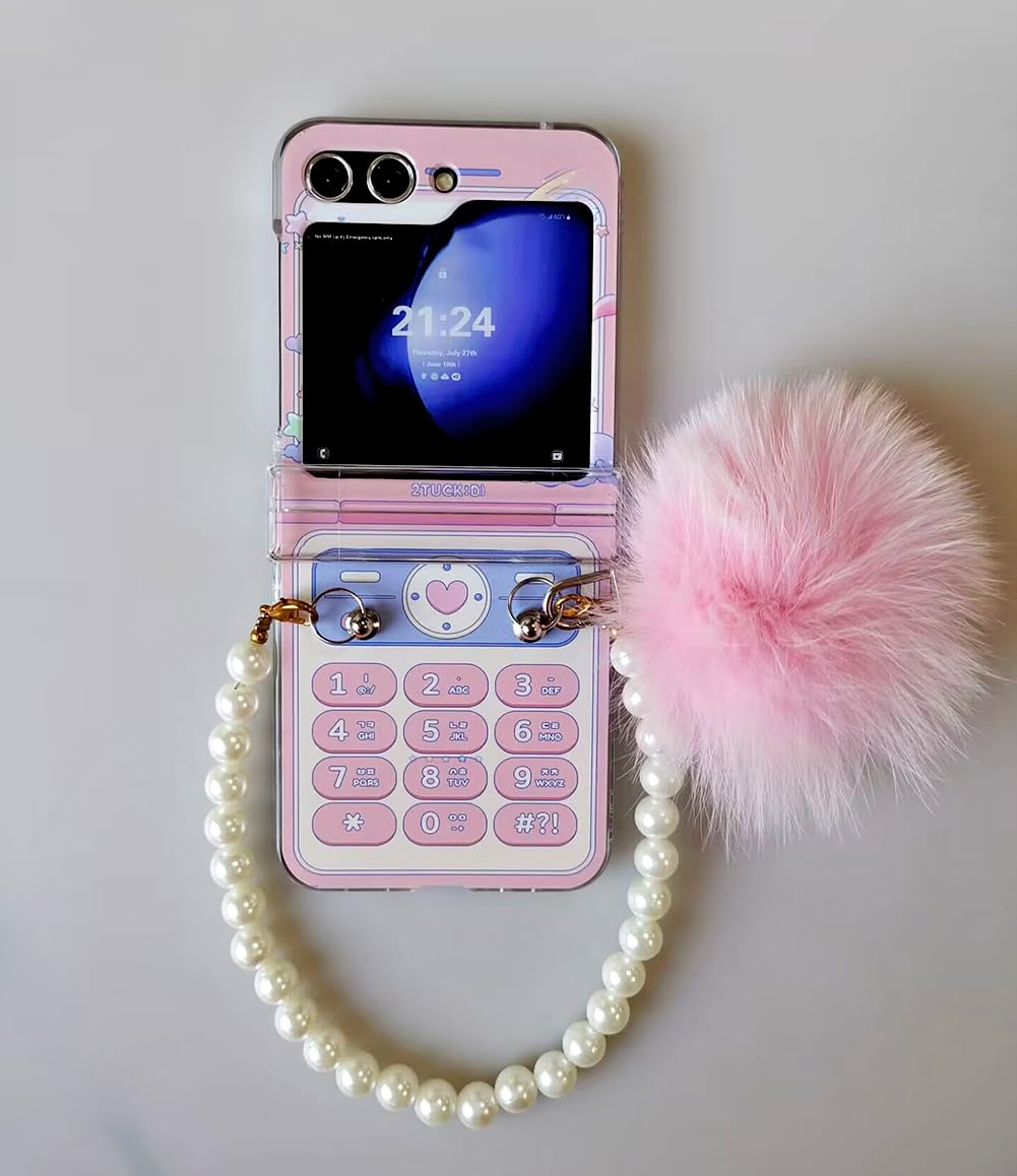 GO-VOLMON Cute Case for Galaxy Z Flip 5 for Grils, Pearl Strap Case for Z Flip 5 with Fluffy Pompon, Woman Wristband Case for Galaxy Z Flip 5 with Pink Phone Print and Furry Ball