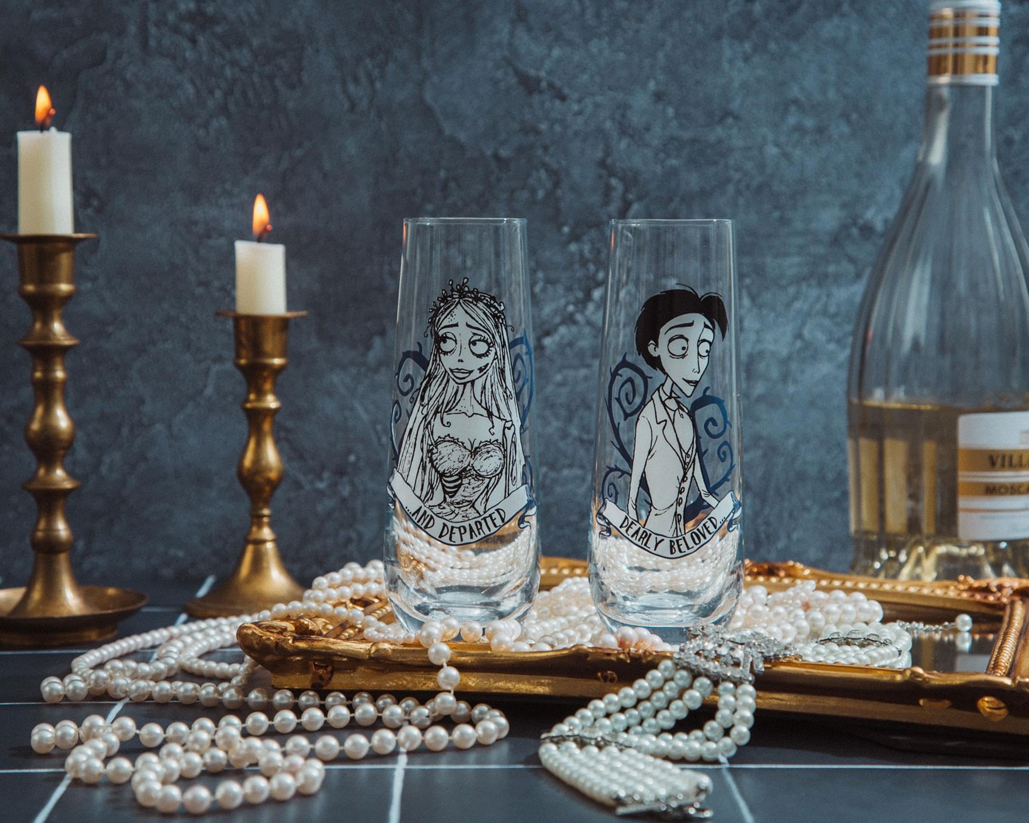 Silver Buffalo Tim Burton's Corpse Bride Dearly Beloved 9-Ounce Stemless Fluted Glassware, Set of 2 | Toasting Champagne Glass Cups For Wine, Mimosas, Cocktails