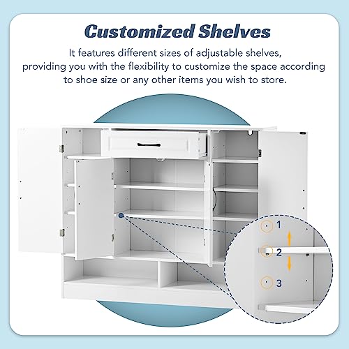 Modern Shoe Cabinet with Adjustable Shelves and Sturdy Top Surface, Wood Sideboard with 1 Drawers, Multifunctional Storage Cabinet for Entrance Corridor Bedroom (White + Particle Board-035)