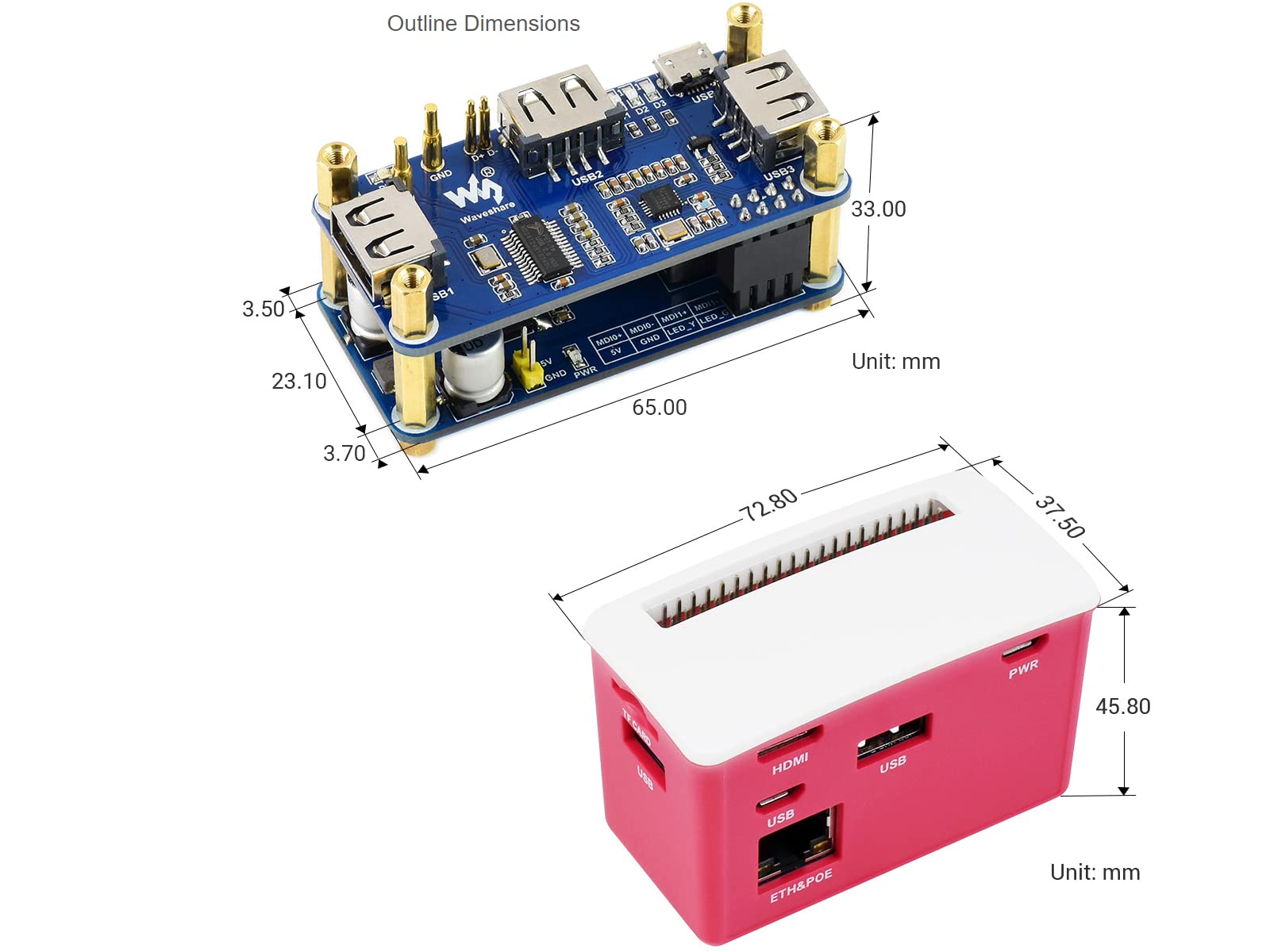 waveshare PoE Ethernet USB HUB HAT with Box ABX Case for Raspberry Pi Zero/Zero W/2 W/Zero WH/2 WH, with 1 RJ45 10/100M Ethernet Port, 3 USB Ports Compatible with USB2.0/1.1,802.3af-Compliant