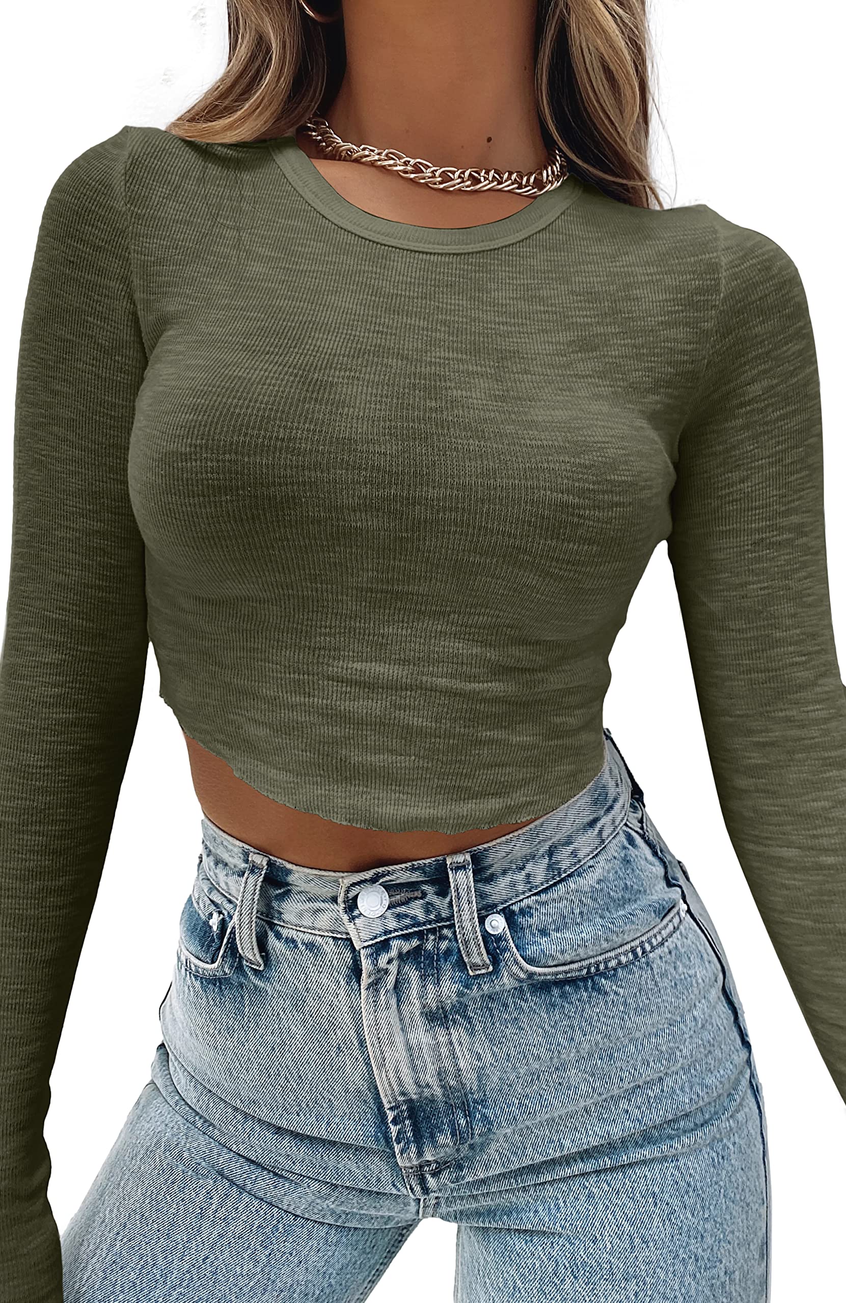 Mallnear Women's Crew Neck Long Sleeve Crop Top Summer Workout Slim Fitted Casual Basic Tee Shirts Pullovers Army Green