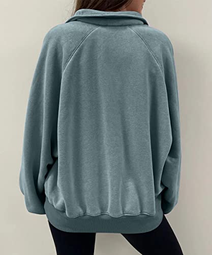 Trendy Queen Womens Sweatshirt Fall Winter Clothes Lantern Sleeve Drop Shoulder Pullover Hoodies Button Fashion Y2K Outfits Lightblue