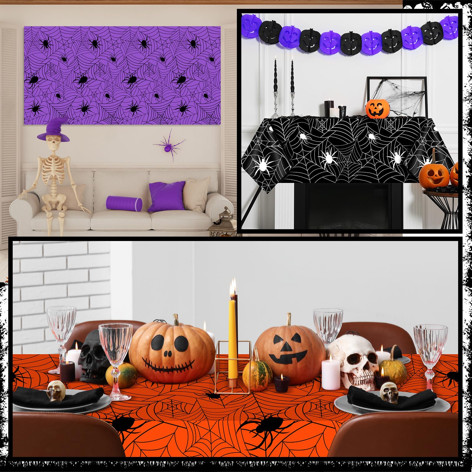 Oudain 3 Pcs Halloween Plastic Spider Web Tablecloth 54'' x 108'' Rectangular Spiderweb Table Cloth Disposable Waterproof Cobweb Table Cover for Halloween Birthday Party Decor, Black Purple Orange