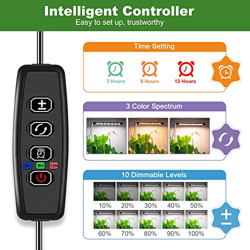 Kullsinss Grow Lights for Indoor Plants, 2 Heads Plant Light Full Spectrum with Height Adjustable, 10 Dimmable Brightness Auto On/Off Timer, Sunlike Growing Lamp for Succulent Bonsai Plants