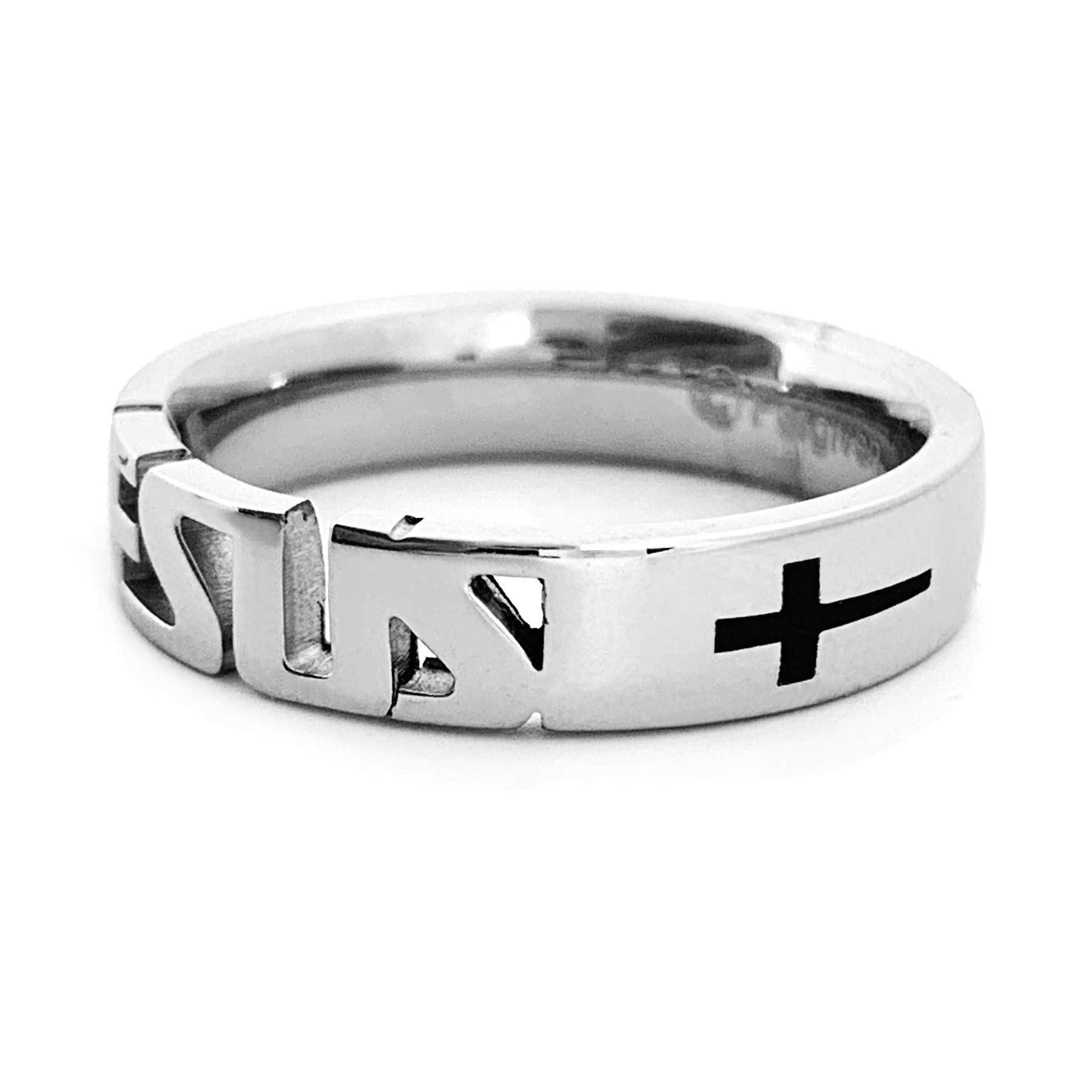 FORGIVEN JEWELRY RSJE1 JESUS Letters with Crosses Stainless Steel Ring Size 8-Christian Jewelry
