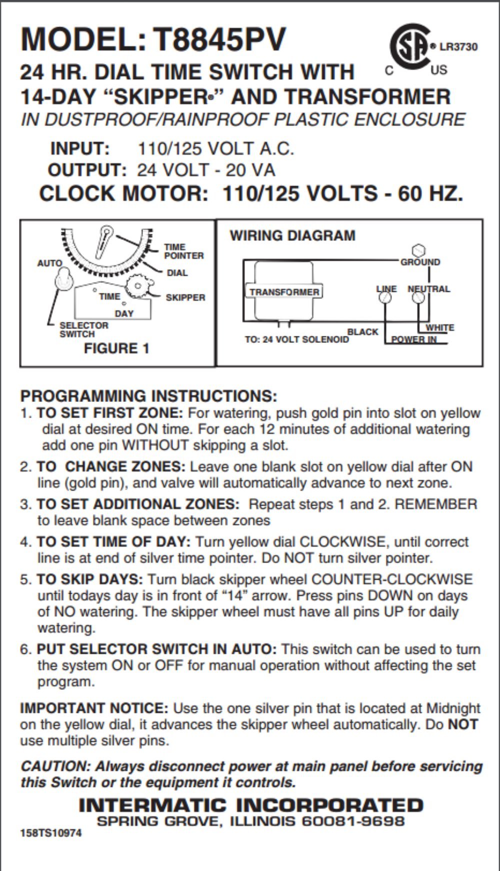 Intermatic Sprinkler Irrigation Timer T8845PV with 14-Day Skipper and Auto Shut-Off Programmable 60 Cycles enclosed in NEMA 3R Indoor/Outdoor Durable Casing