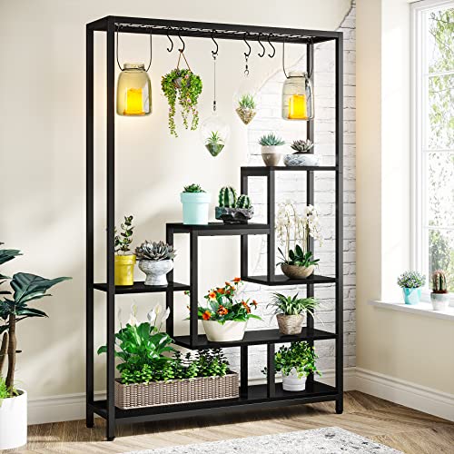 Tribesigns 5-Tier Tall Indoor Plant Stand, 70.9 inches Large Metal Plant Shelf with 6PC S Hanging Hooks, Multi-Purpose Flower Bonsai Pots Display Rack for Indoor, Garden, Balcony, Living Room, Black