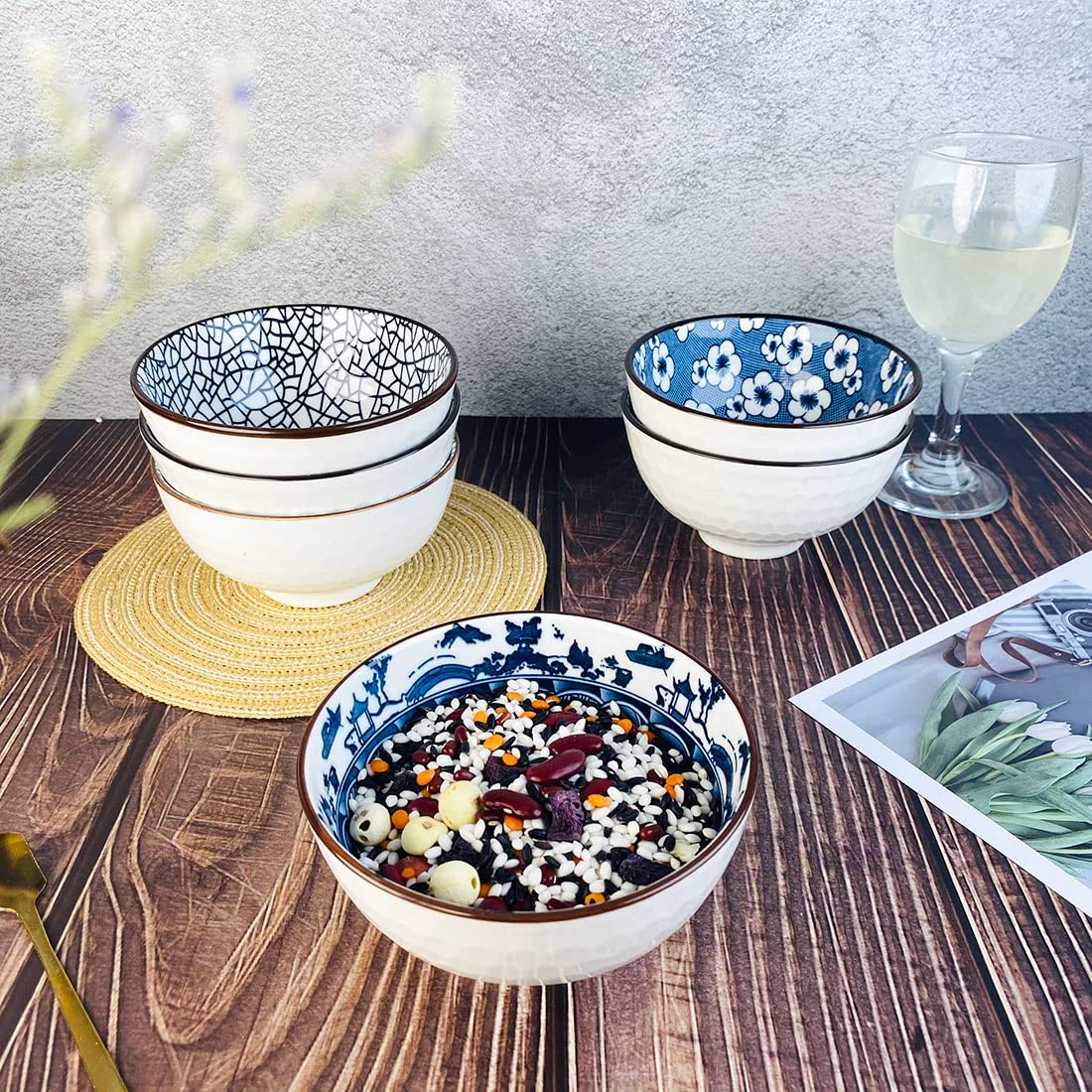 Kithing Ceramic Bowls, 10oz,this blue and white patterned bowls are used for ice cream, desserts, salads Set of 6 (F 4.5in)